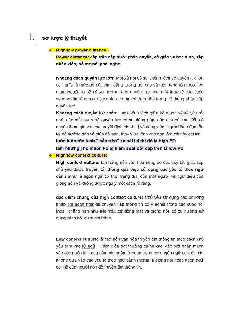 sơ lược lý thuyết: + High/low power distance: Power distance | PDF