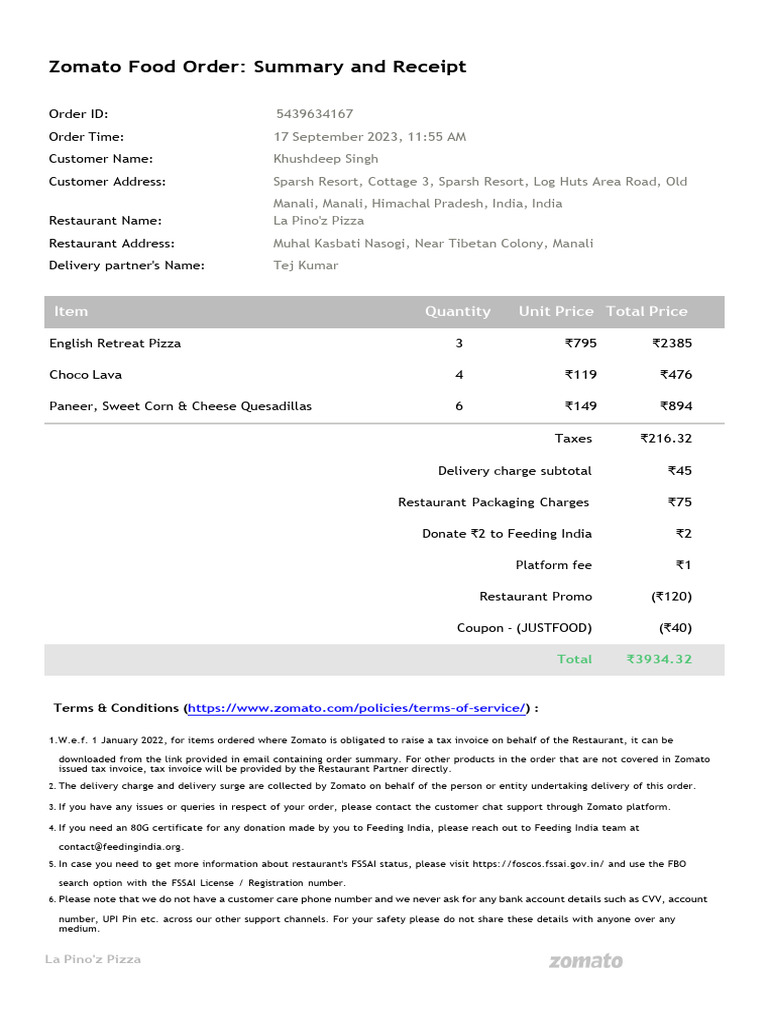 Zomato Order Receipt for Khushdeep | PDF | Business