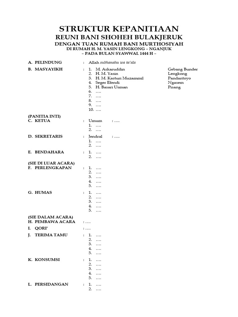 Struktur Kepanitiaan Reuni Bani Shoheh | PDF