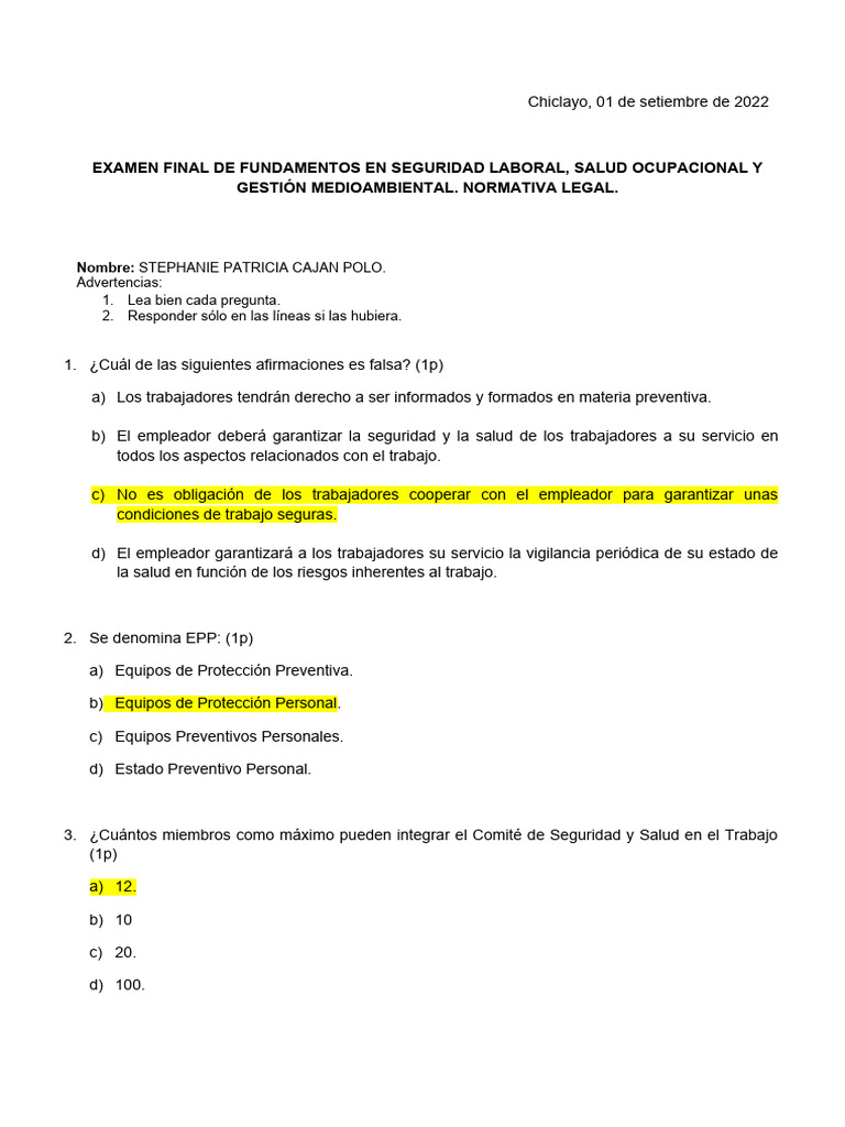 Examen Final Respuestas | PDF | Seguridad y salud ocupacional