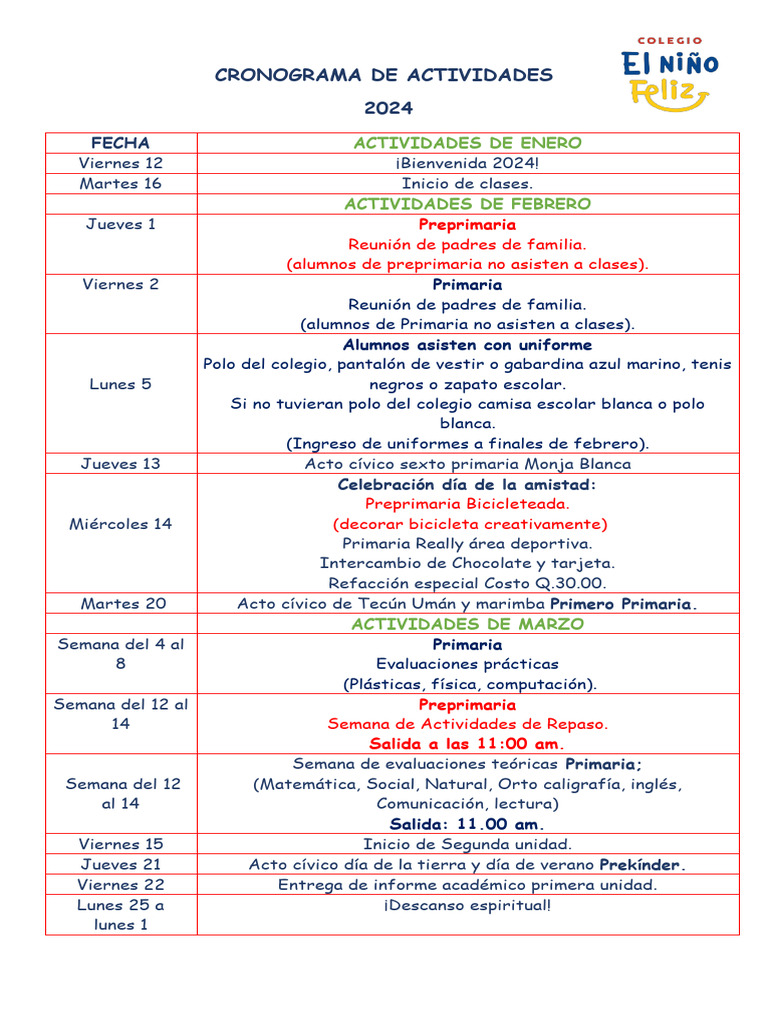 CRONOGRAMA DE ACTIVIDADES 2024. | PDF