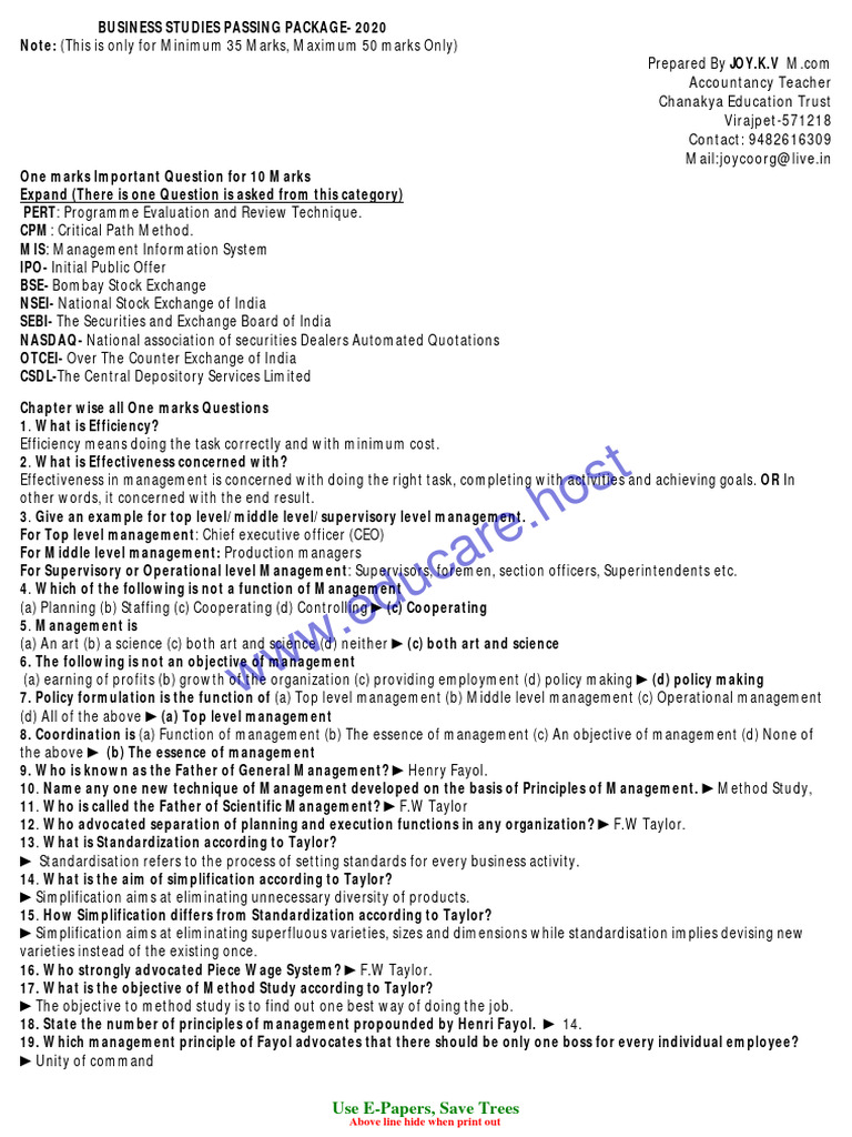 II PU Business Studies Passing Package | PDF | Financial Capital | Dividend