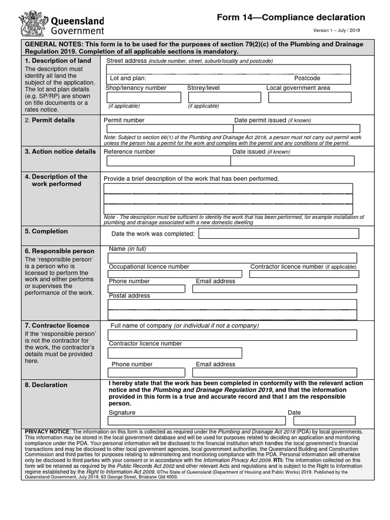 Form 14 Compliance Declaration QLD | PDF | License | Government