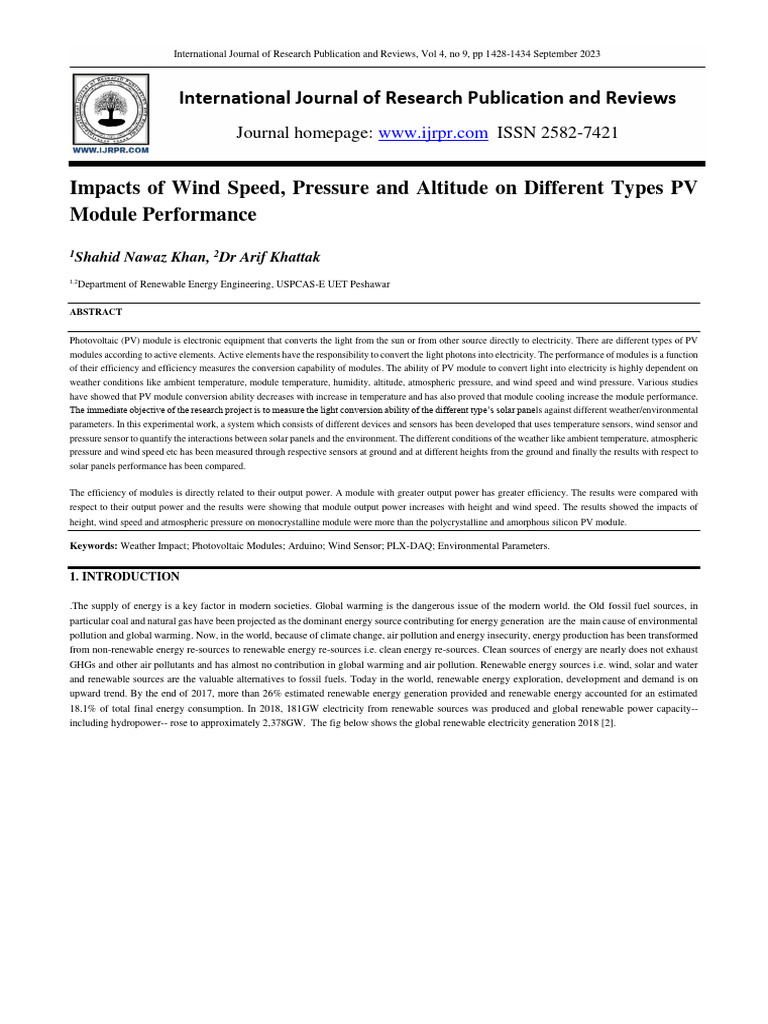 Impacts of Wind Speed, Pressure and Altitude On Different Types PV Module Performance | PDF ...