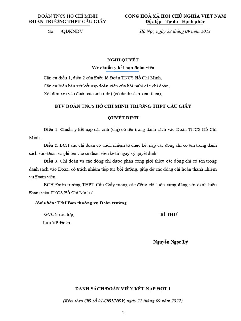 Quyet Dinh Ket Nap Doan Dot 1 Nam 2023 | PDF