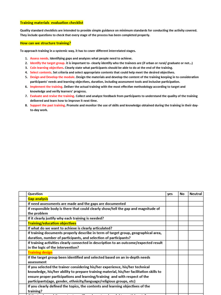 Training Materials Writing Evaluation Checklist | PDF | Evaluation | Expert