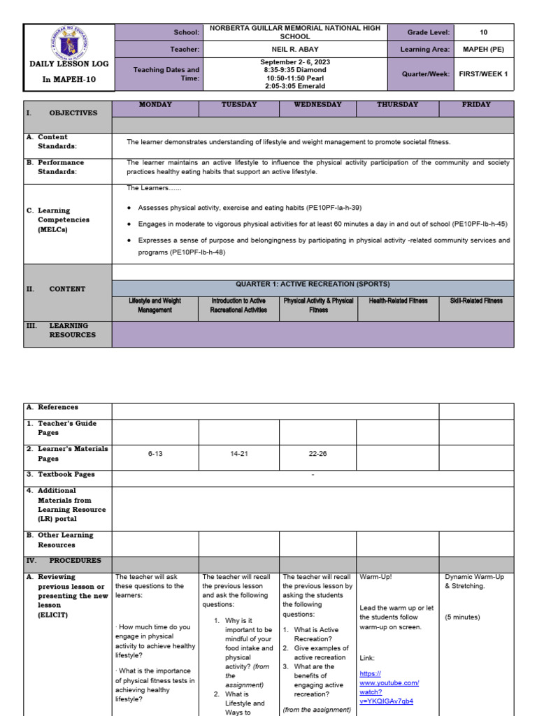 DLL Pe Week 1 | PDF | Physical Fitness | Learning