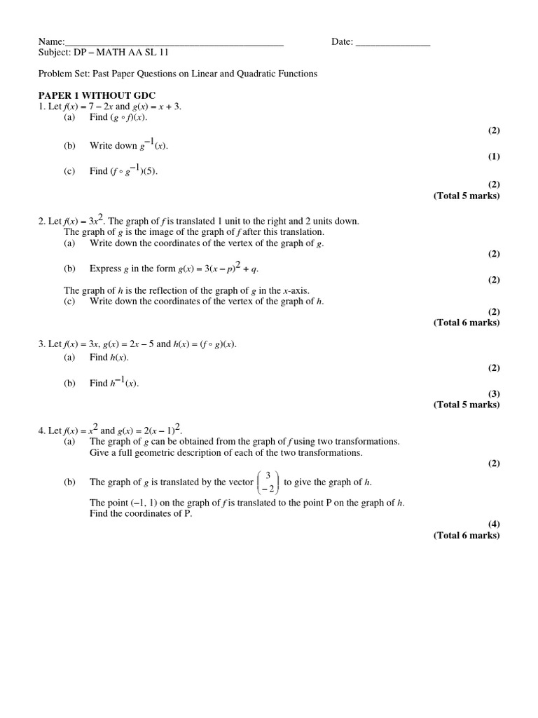 Math AA SL 11: Linear & Quadratic Functions | PDF | Function ...