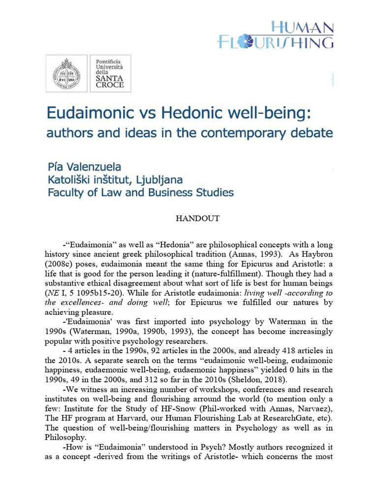 Eudaimonic Vs Hedonic Well-Being Authors and Ideas in The Contemporary ...