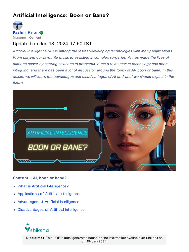AI: Boon or Bane? Pros & Cons Explored | PDF | Artificial Intelligence | Intelligence (AI ...