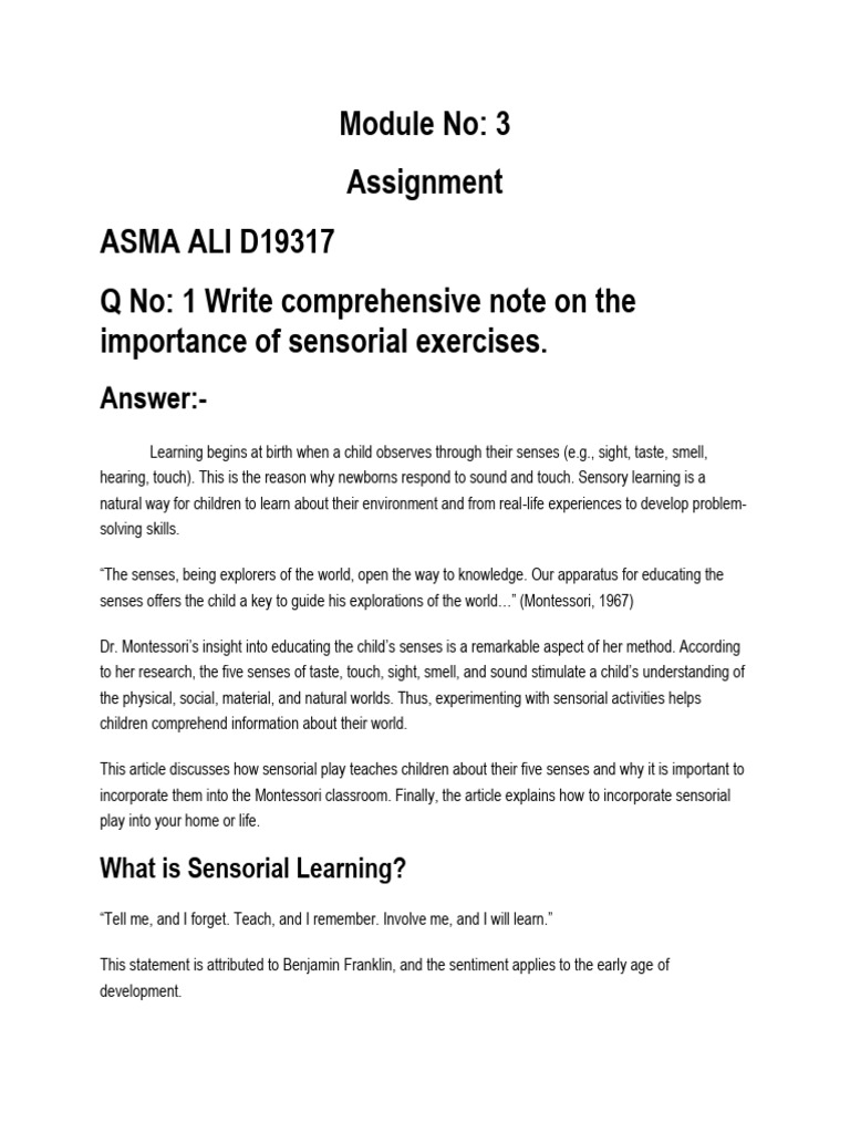 Asma Ali D19317 Module 3 Assignment | PDF | Senses | Perception
