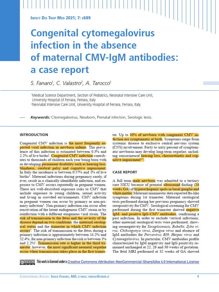 Congenital Cytomegalovirus Infection in The Absence of Maternal Cmv-Igm Antibodies: A Case ...