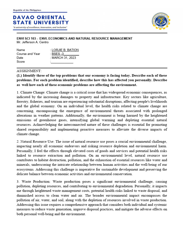 Environmental Economics Assignment | PDF | Climate Change | Human Impact On The Environment