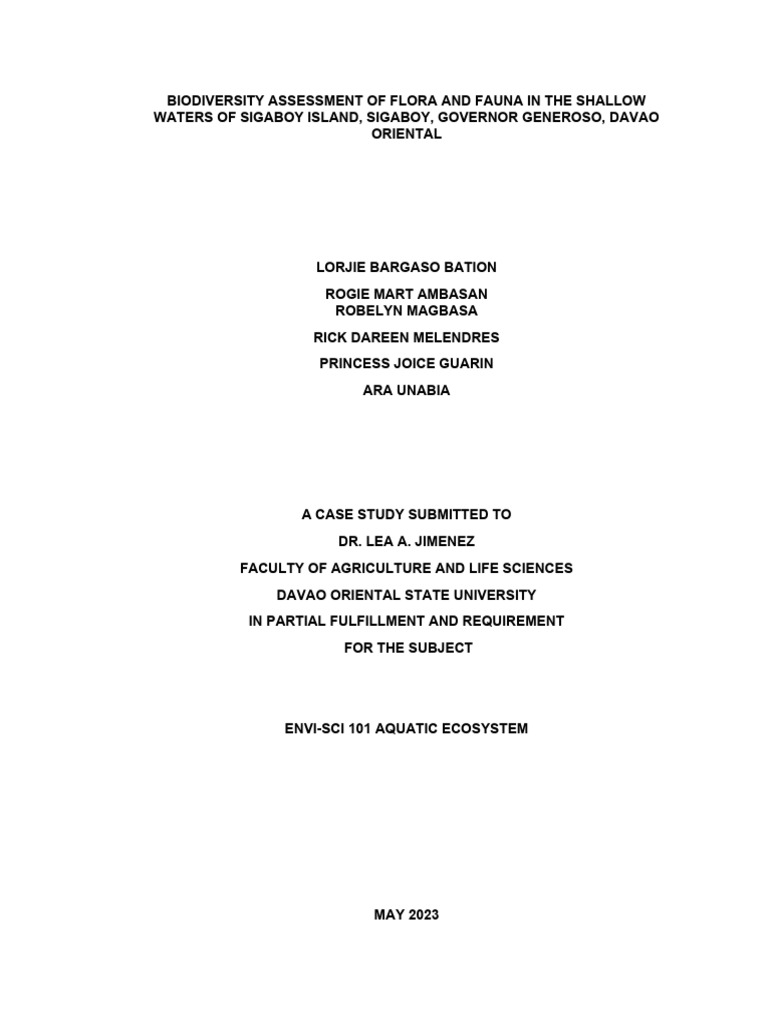 Biodiversity Assessment of Flora and Fauna in The Shallow Waters of Sigaboy Island Sigaboy ...