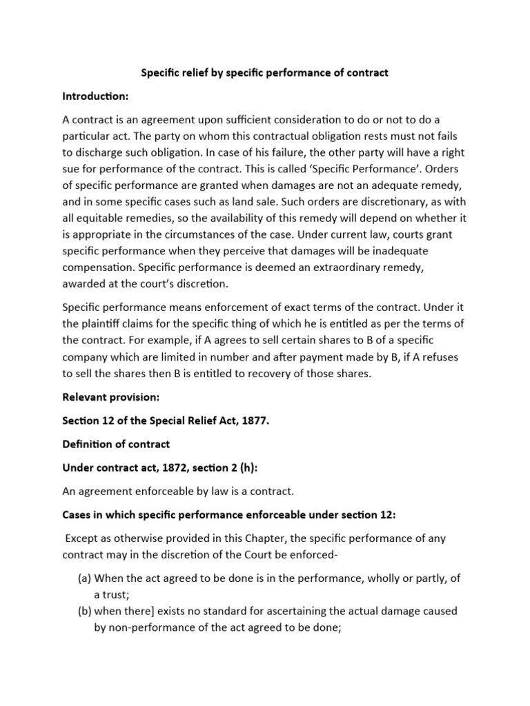 Specific Relief by Specific Performance of Contract | PDF | Specific Performance | Legal Remedy