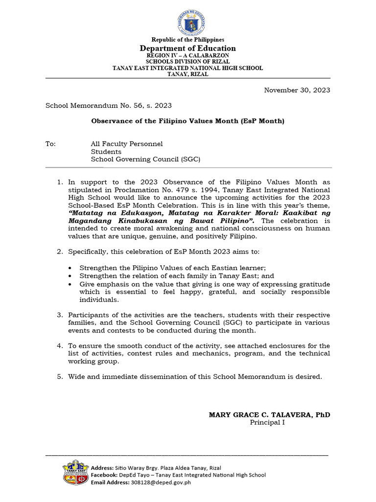 School Memo 56, 2023 (ESP Month) | PDF | Philippines