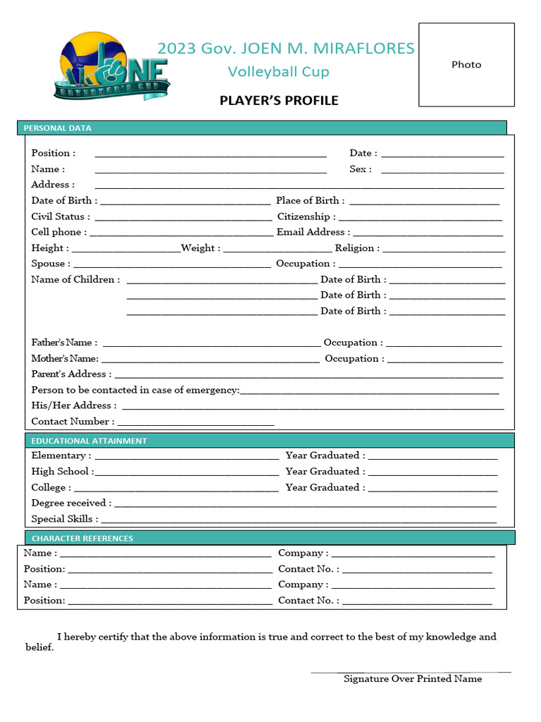 Volleyball Cup Player Profile Form | PDF | Sports & Recreation | Social ...