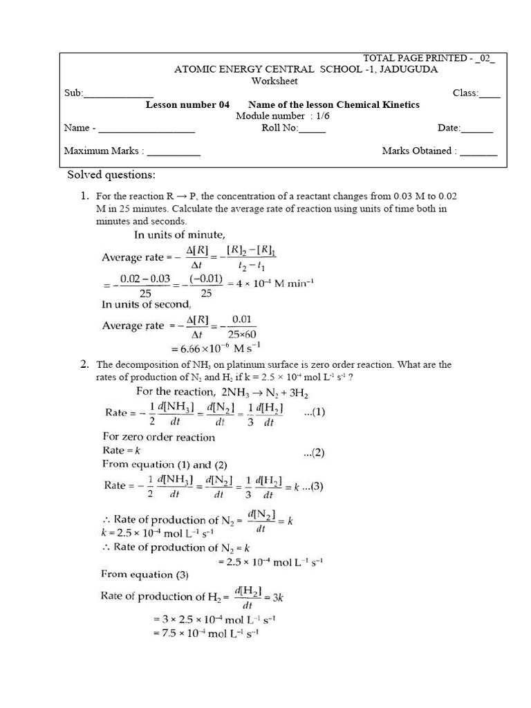 CHEMICAL KINETIC-worksheet - Module - 1 | PDF | Reaction Rate ...