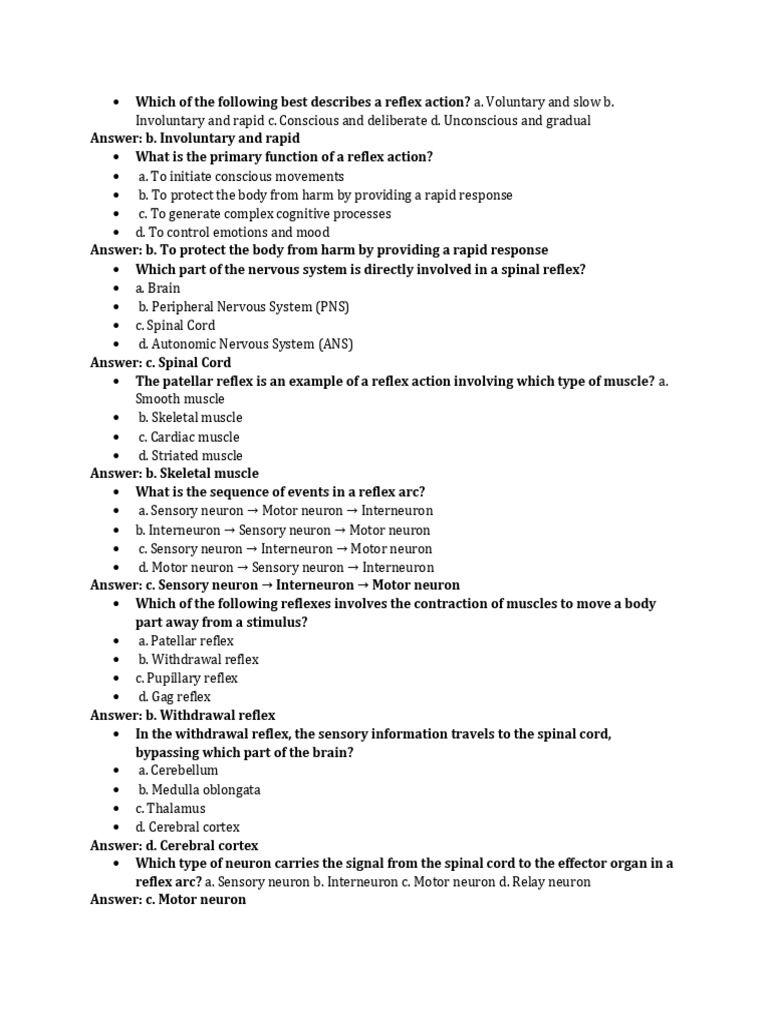 reflex action mcqs | PDF