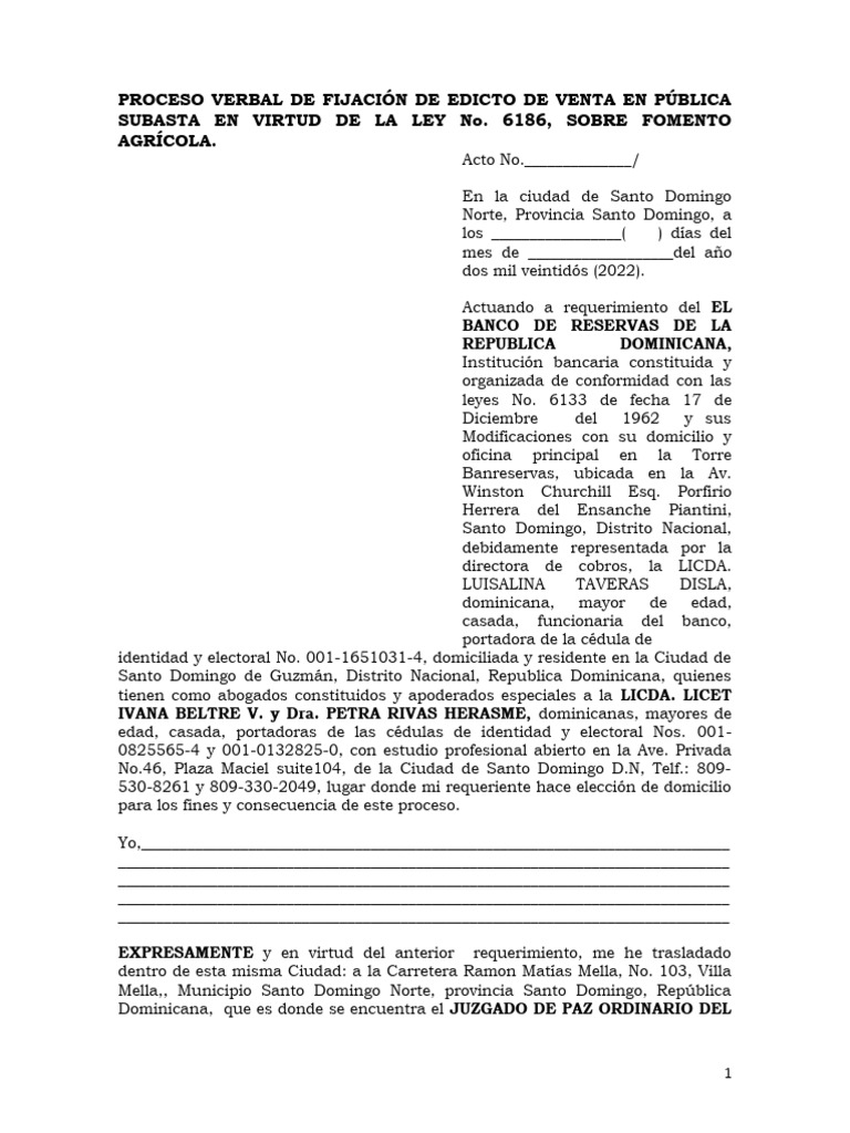 Edicto Puerta Del Tribunal Ana Morfe | PDF | República Dominicana | Subasta