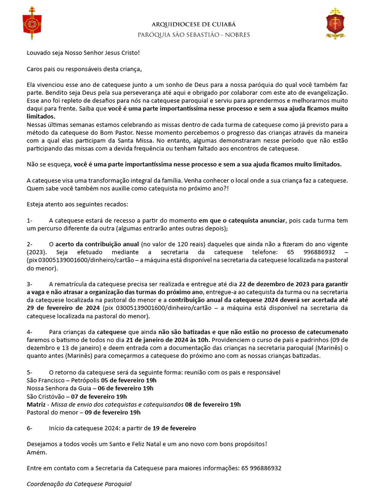 Carta Catequese 2023 | PDF | Missa (liturgia) | Catecismo