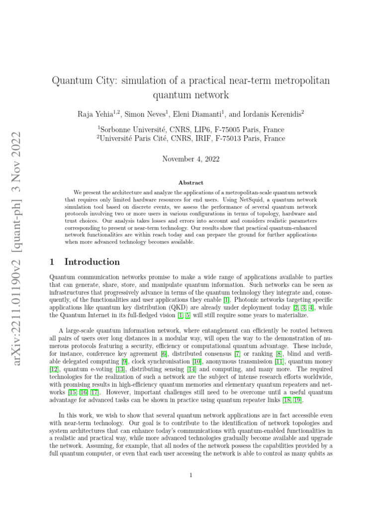 Quantum City: Simulation of A Practical Near-Term Metropolitan Quantum Network | PDF | Computer ...