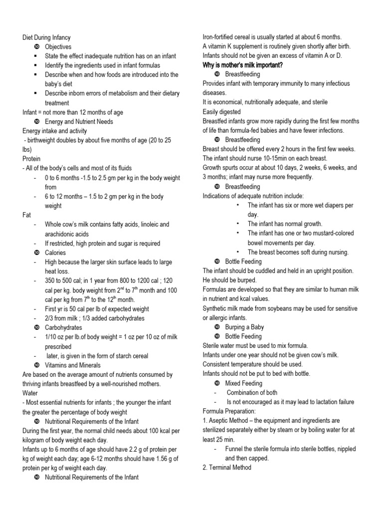 Diet During Infancy-Notes | PDF | Breastfeeding | Breast Milk