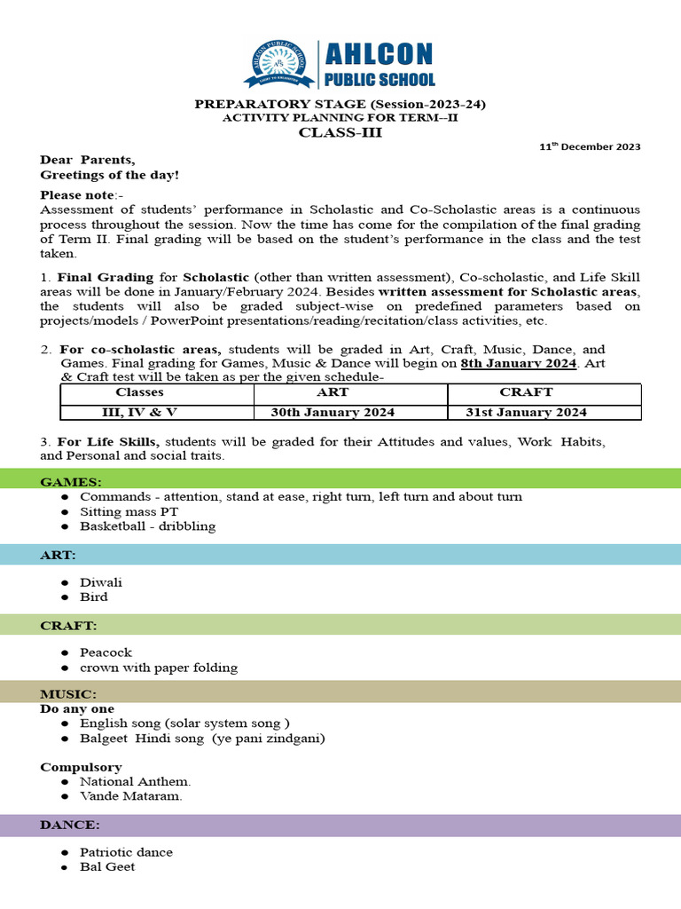 Class III Term II Activity Plan 2023-24 | PDF