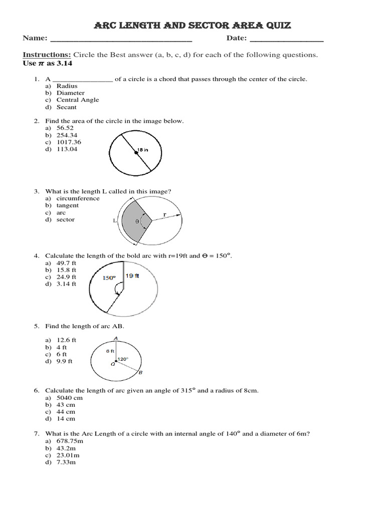Arc Length and Sector Area Quiz - Gr.9 | PDF