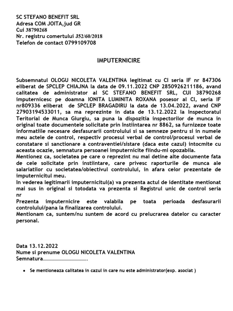 Model Imputernicire Control | PDF