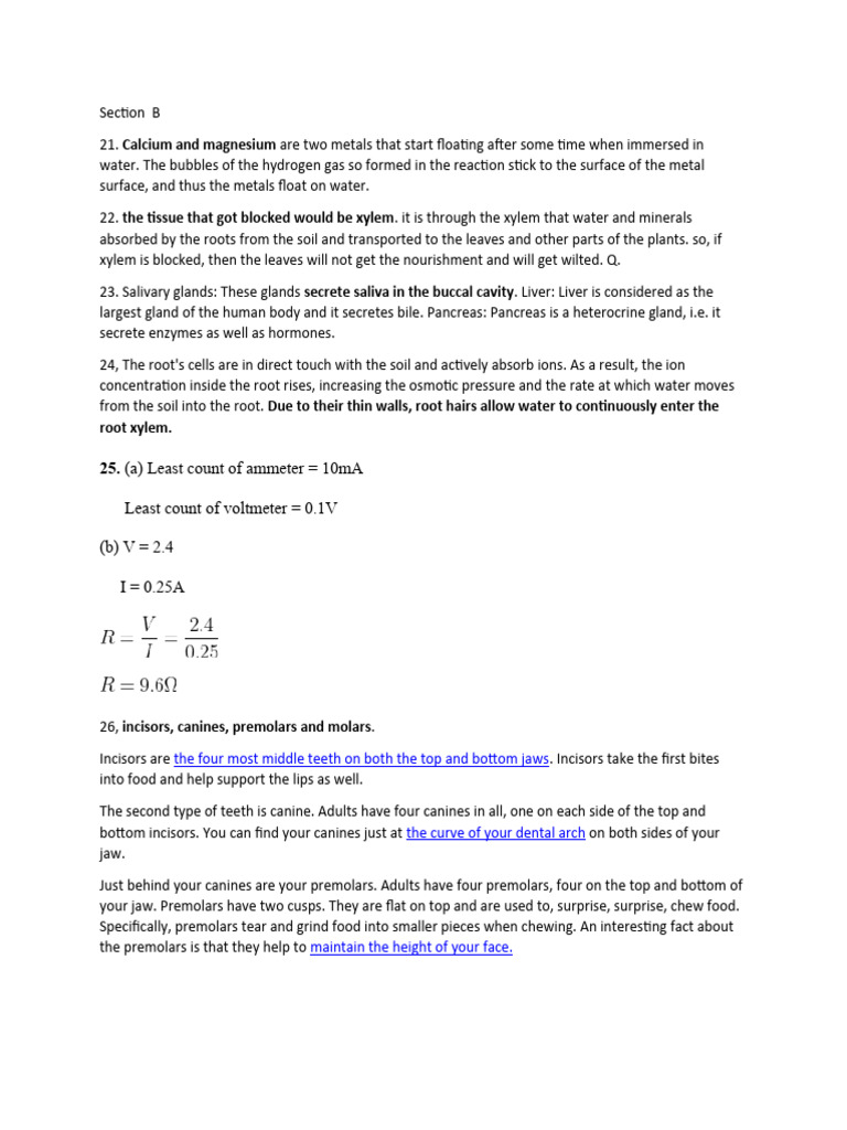 Section B Science Practice Paper School 11,01,24 | PDF | Tooth | Root