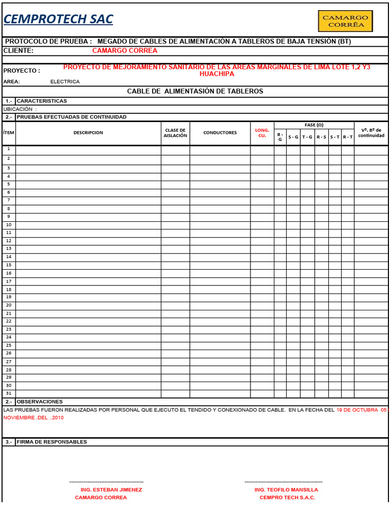 Protocolos Megado de Cable Huachipa | PDF