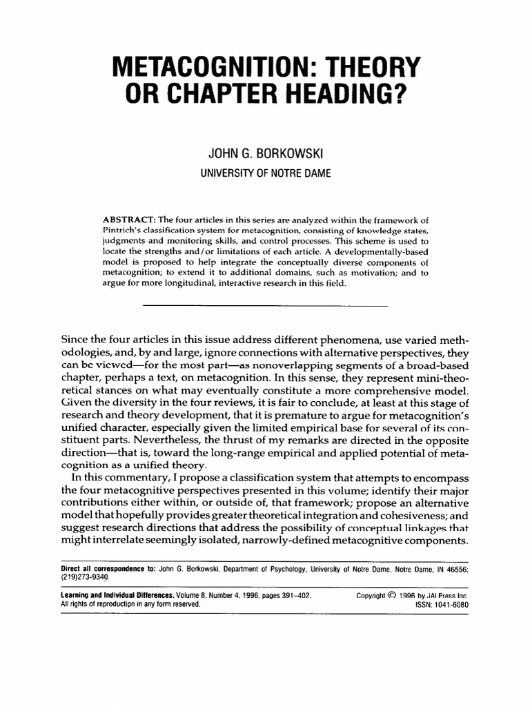 Borkowski, 1996 - Metacognition, Theory or Chapter Heading | PDF | Metacognition | Learning