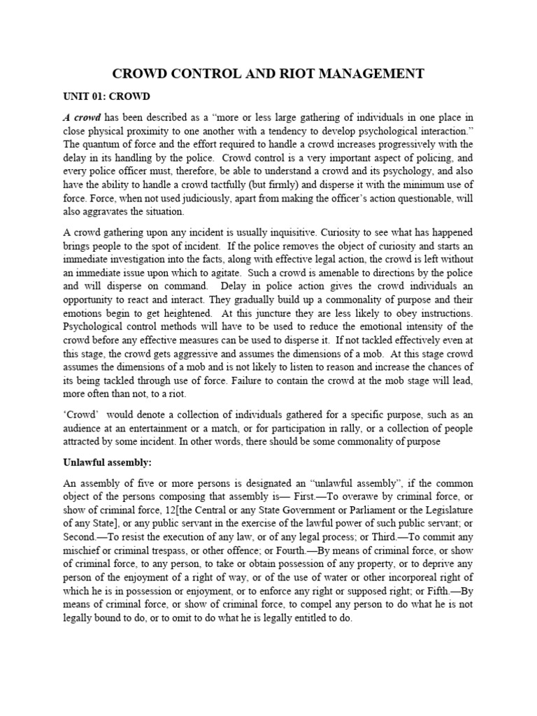 Crowd Control and Riot Management Notes | PDF | Assault | Police