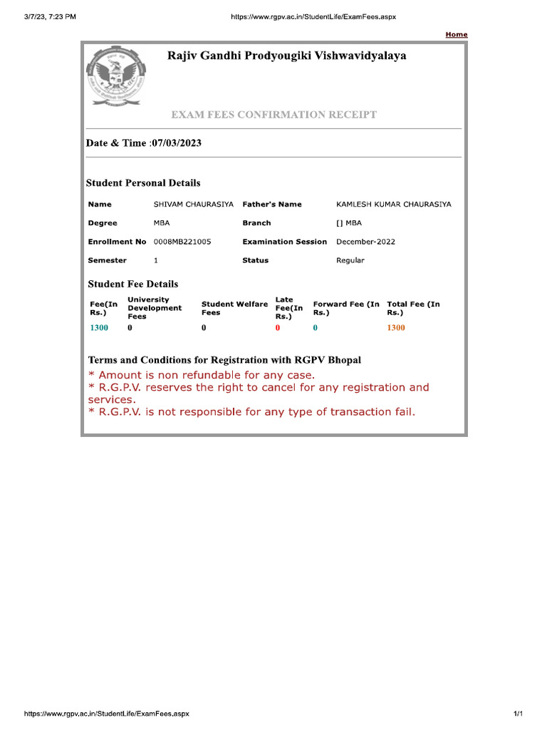 Exam Form 1 Sem | PDF