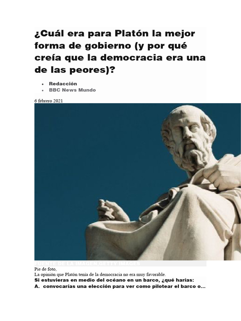 Cuál Era para Platón La Mejor Forma de Gobierno | PDF | Platón | Democracia