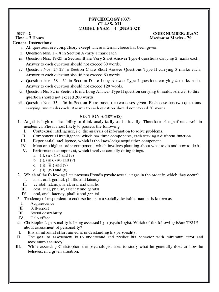 J. Model Exam 4 Set 2 | PDF | Attitude (Psychology) | Mental Disorder