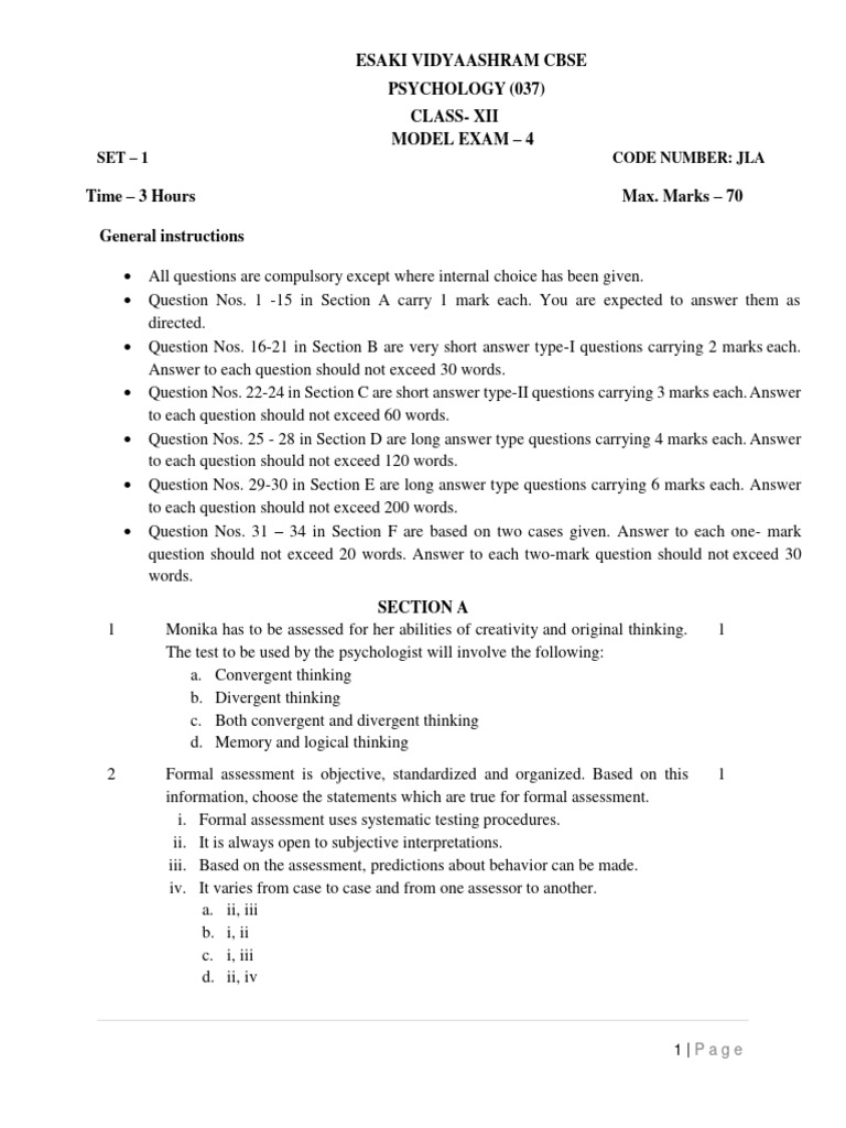 J. Model Exam 4 Set 1 | PDF | Attitude (Psychology) | Anxiety