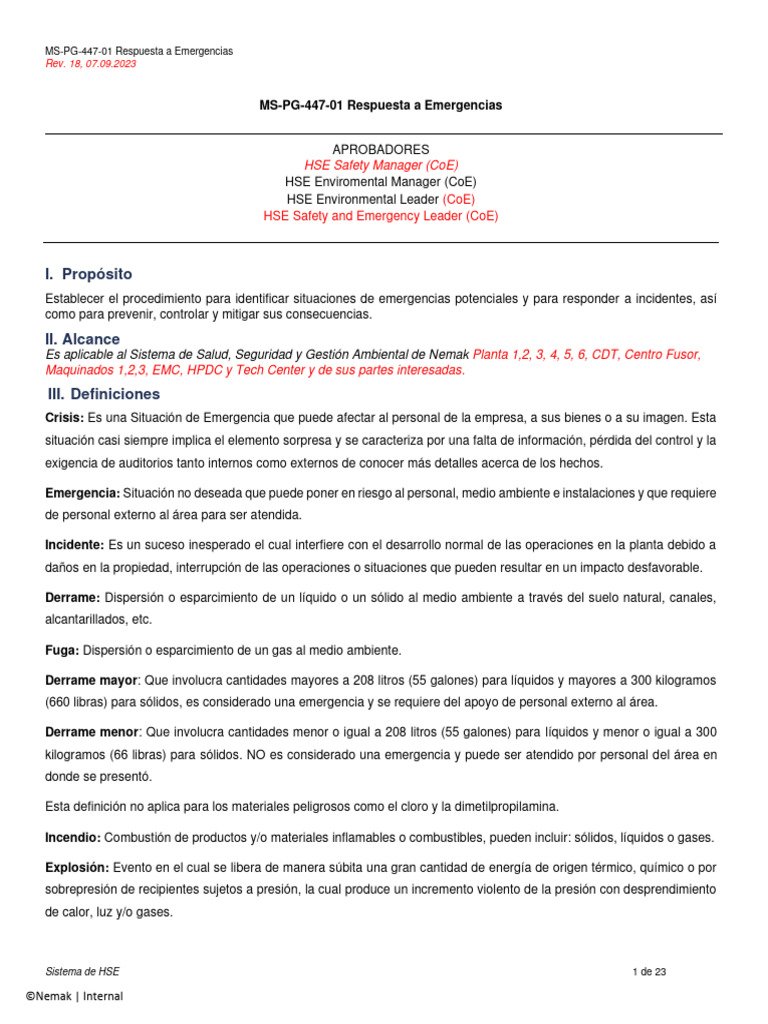 MS-PG-447-01 Respuesta A Emergencias Rev. 18 | PDF | Entorno natural ...