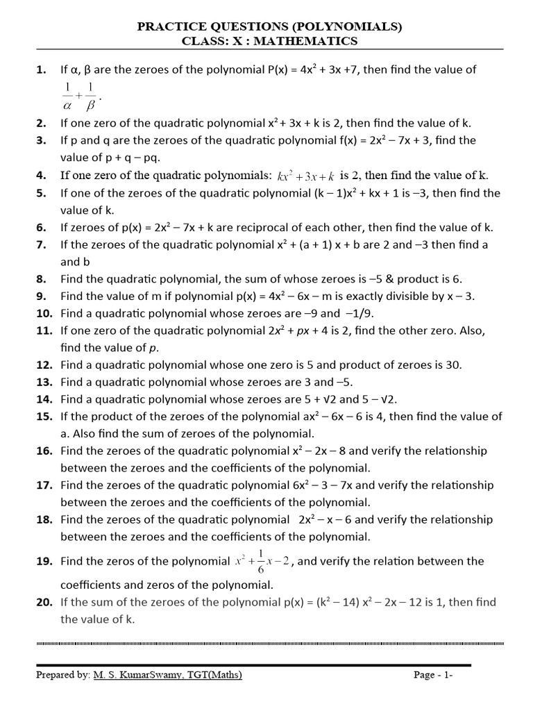 Polynomial Zeroes Practice Questions | PDF