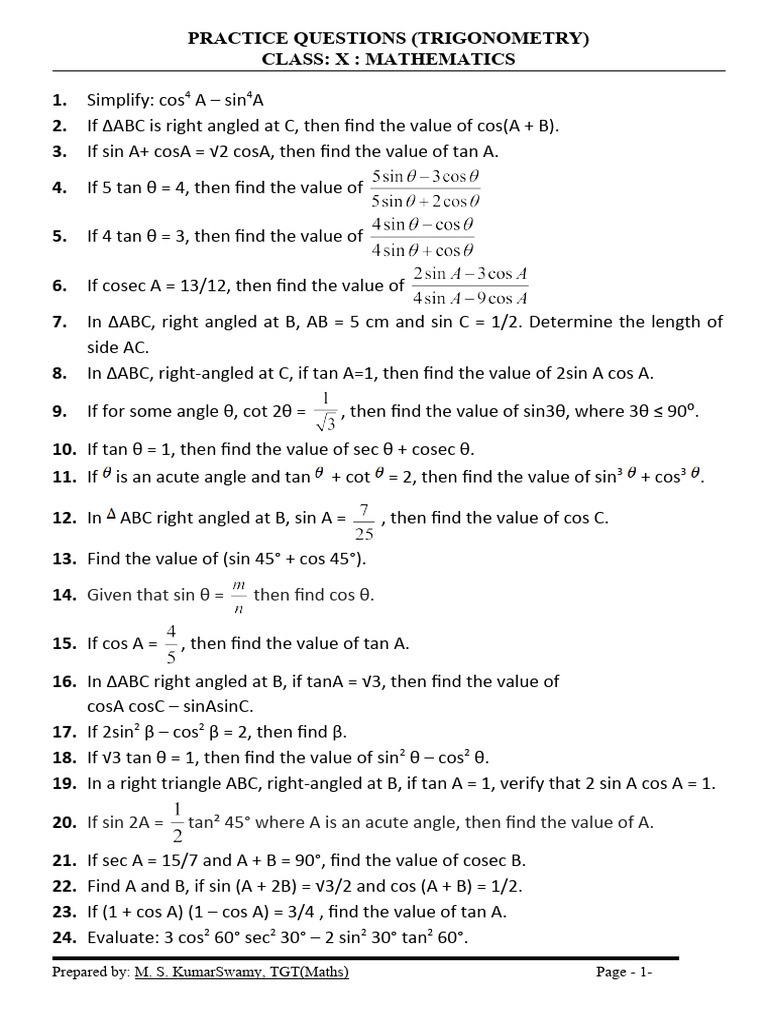Trigonometry Practice Questions | PDF | Trigonometric Functions | Trigonometry