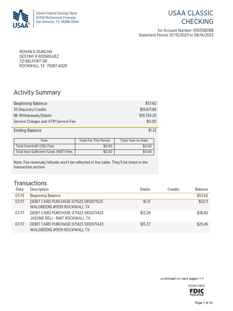 USAA Checking Statement Summary | PDF | Transaction Account | Debits And Credits