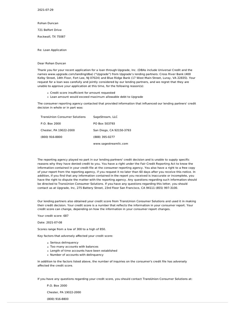 Adverse Action Notice | PDF | Credit Score | Credit