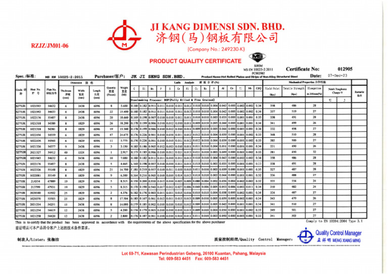 Sample Mill Cert For EN10025 S275JR | PDF