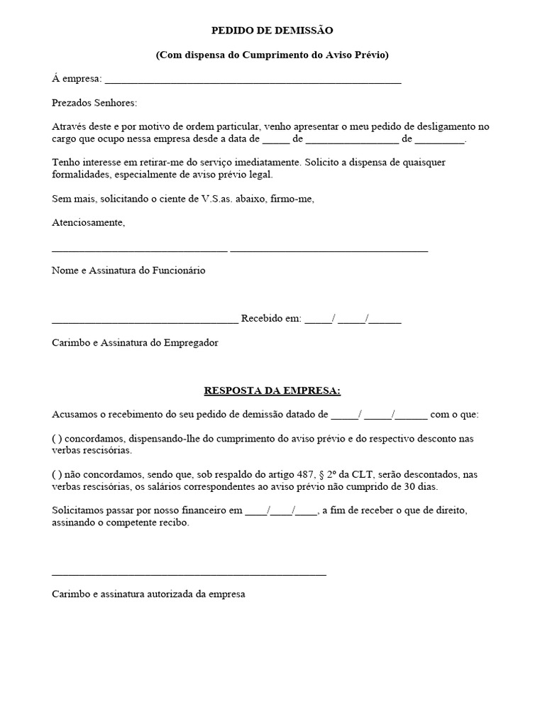 Modelo Pedido Demissao Com Dispensa Do Aviso Previo | PDF