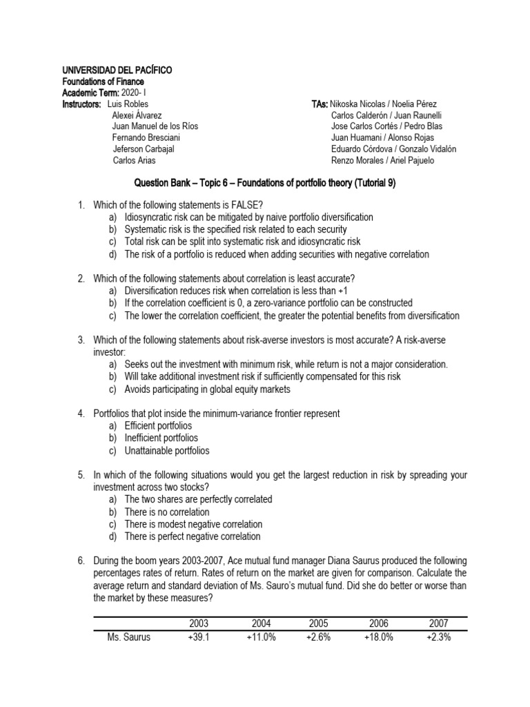 Question Bank Topic 6 - Foundations of Portfolio Theory | PDF ...