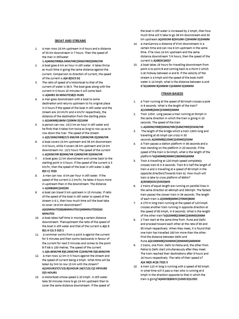 Boat and Stream Train Based Question Sheet | PDF