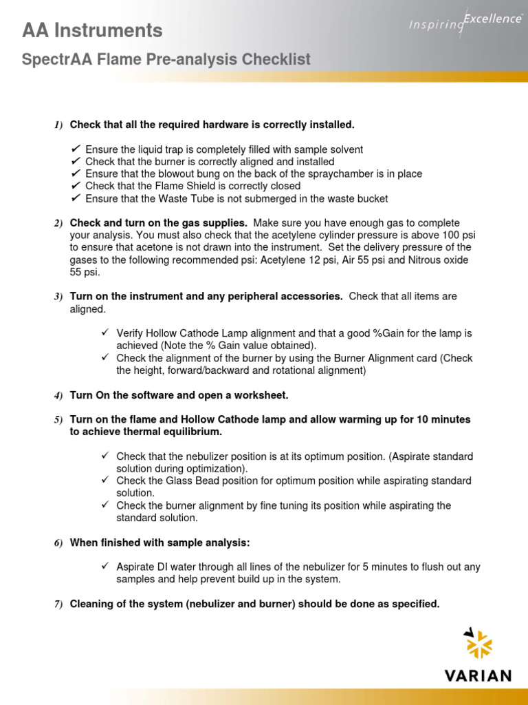 SpectraAA Flame Pre Analysis Maintenance Checklist | PDF | Water | Chemistry