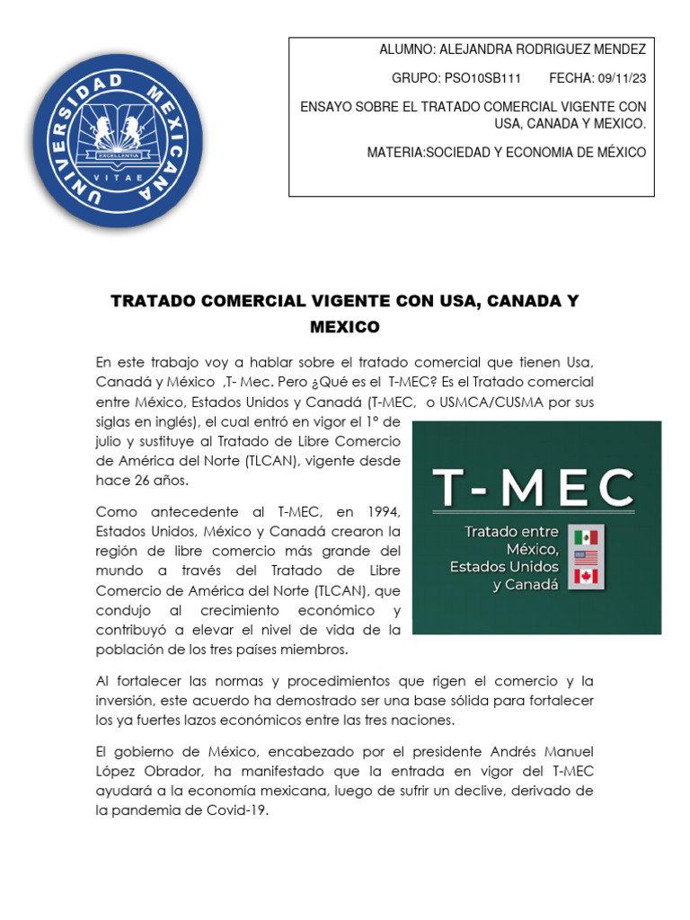 Ensayo Sobre El Tmec Arm | PDF | Tratado de Libre Comercio ...