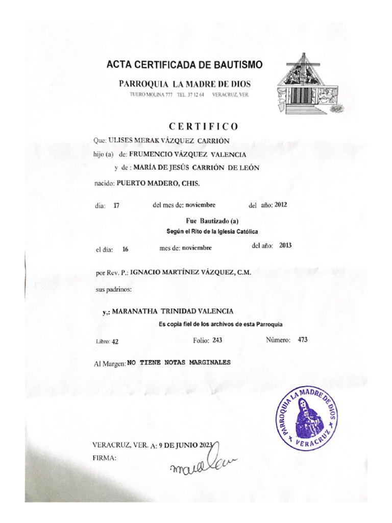 Acta Certificada de Bautismo | PDF